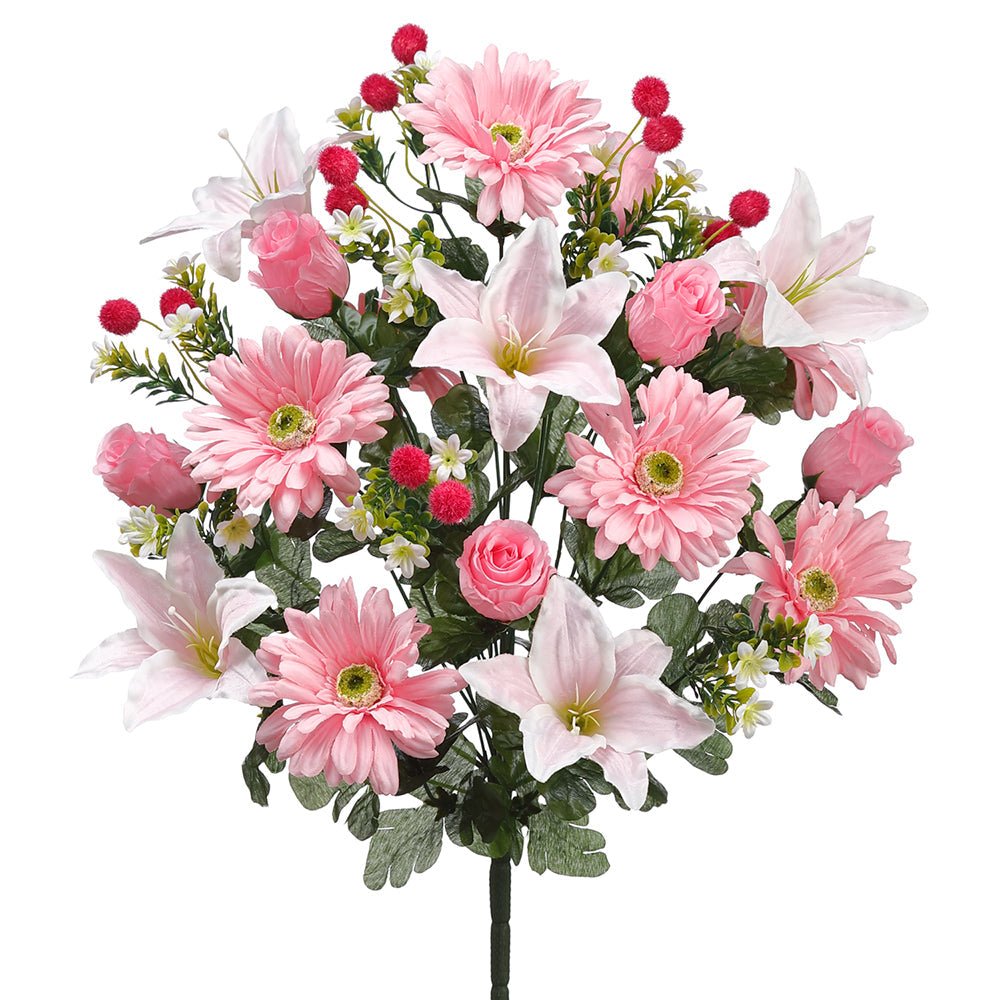 21" Mixed Lily, Gerbera Daisy & Rose Bud Silk Flower Bush -Pink — Silks ...