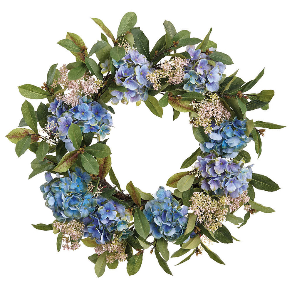 24" Hydrangea & Queen Anne's Lace Silk Flower Wreath -Blue/Green ...