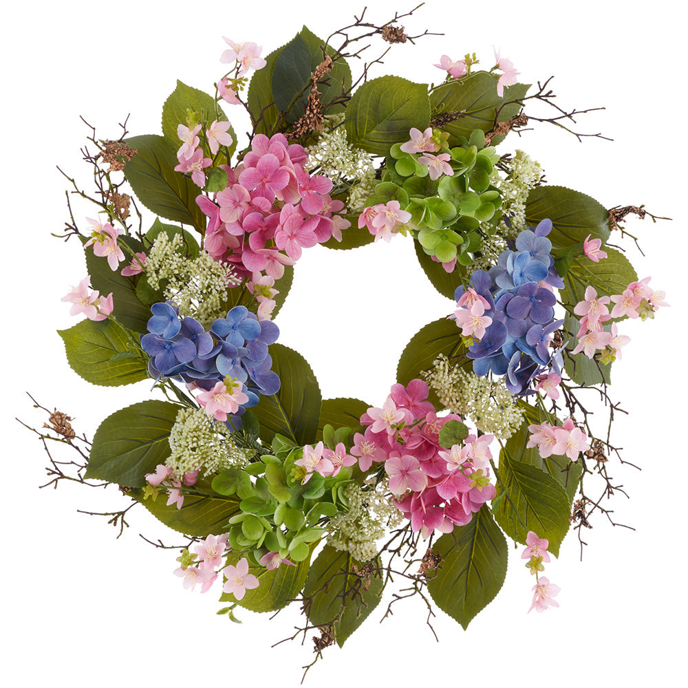 24" Hydrangea, Blossom & Queen Anne's Lace Silk Flower Wreath — Silks ...