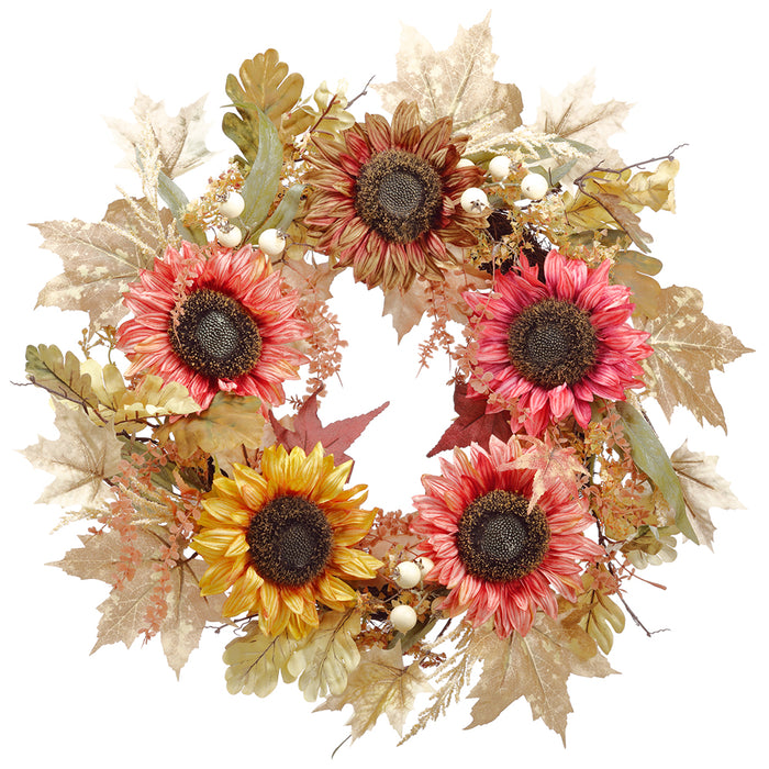 24" Silk Sunflower, Pod & Maple Leaf Hanging Wreath -Fall — Silks Are ...