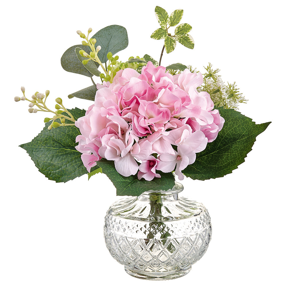 Pink 10" Hydrangea, Snowball & Dill Silk Flower Arrangement w/Glass ...