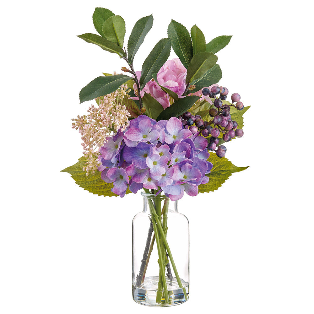 15" Hydrangea, Queen Anne's Lace Silk Flower Arrangement w/Glass Vase ...