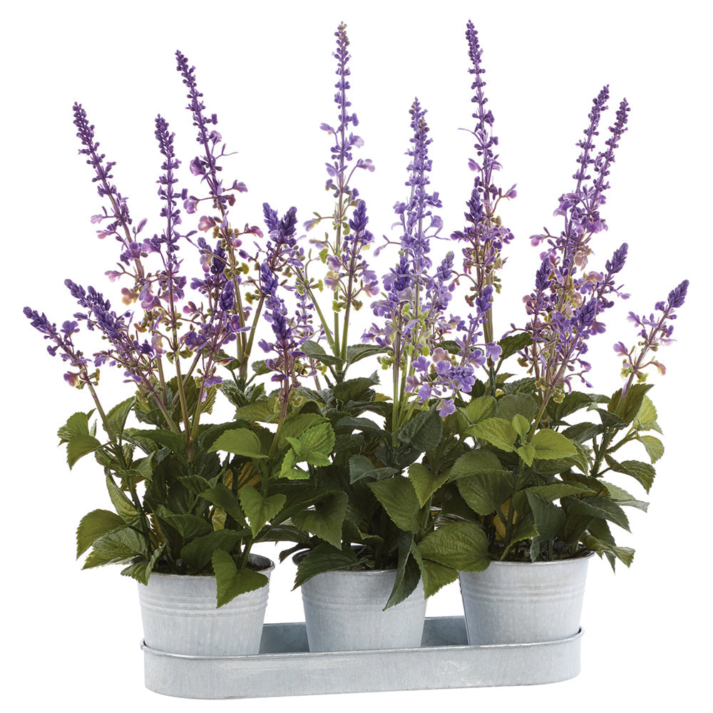 18" Lavender Silk Flower Arrangement w/Tin Pots & Tray -2 Tone Purple ...