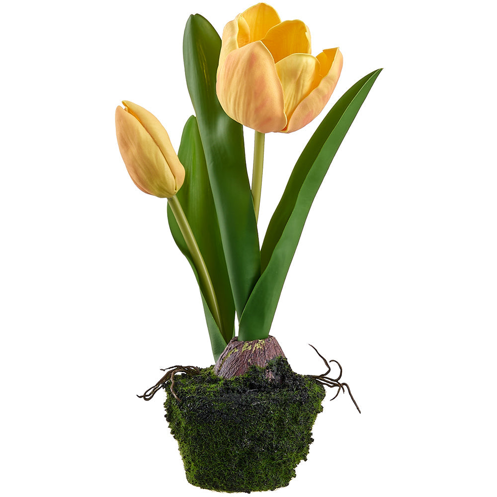 9.5" Tulip Silk Flower Arrangement w/Moss & Soil Ball -Yellow — Silks Are Forever