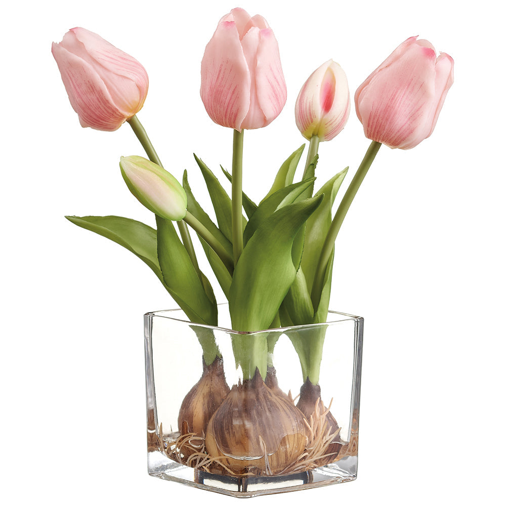 9" Tulip With Bulb Silk Flower Arrangement w/Glass Vase -Pink — Silks ...