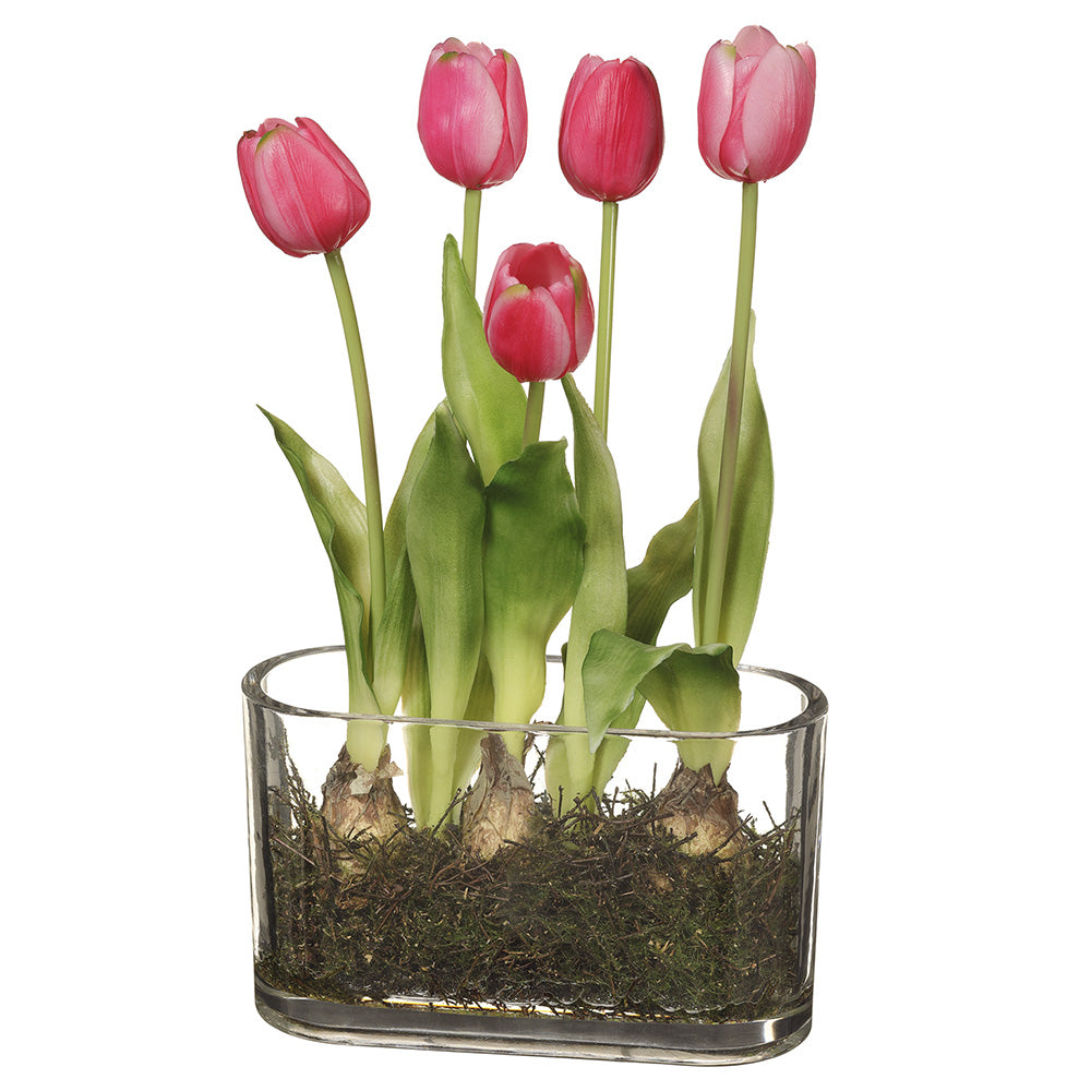 13" Silk Tulip Flower & Bulb Arrangement w/Glass Vase -Pink — Silks Are ...
