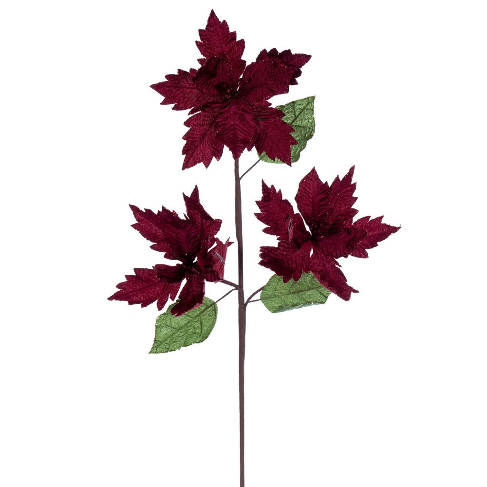Glittered Velvet Artificial Razor Poinsettia Flower Stem -Burgundy ...