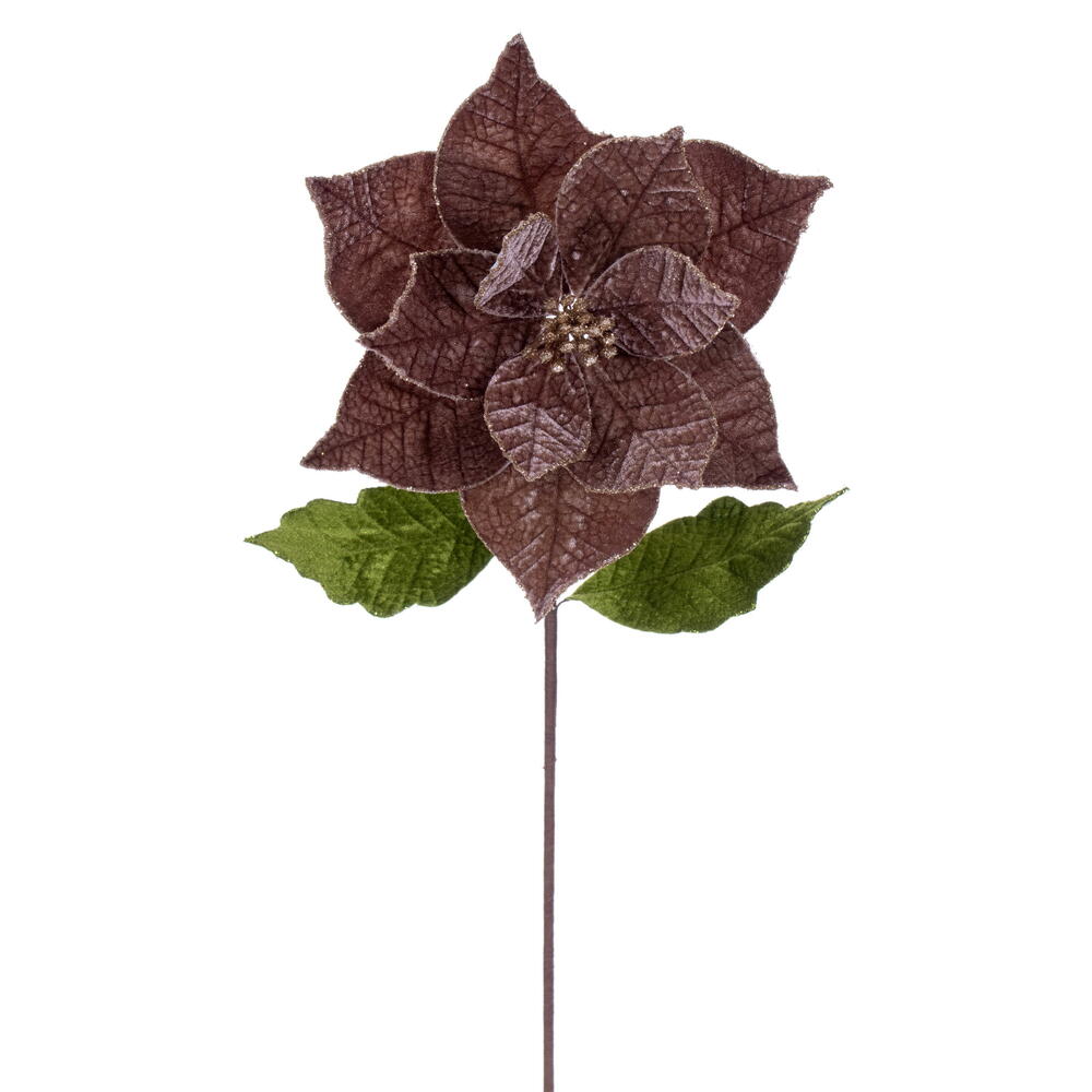 Glittered Classic Velvet Artificial Poinsettia Flower Stem -Mocha ...