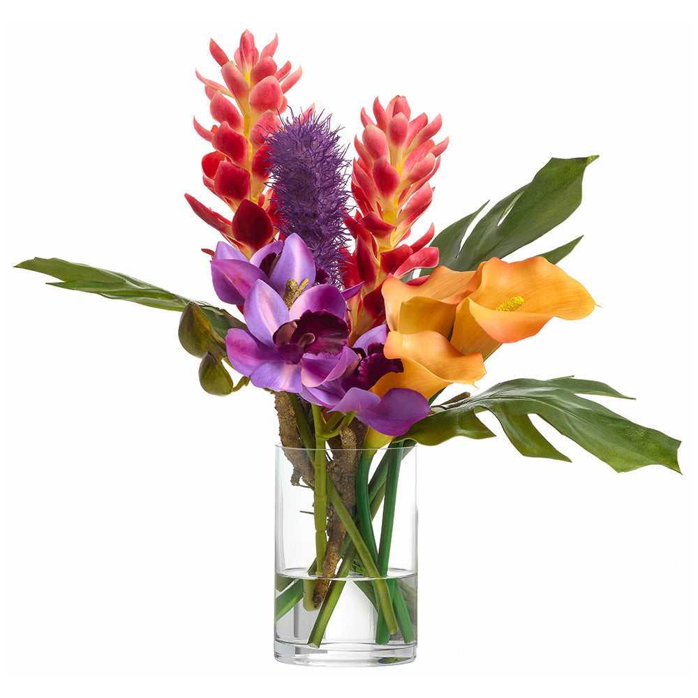 17" Mixed Tropical Silk Flower Arrangement w/Glass Vase -Mixed Colors ...