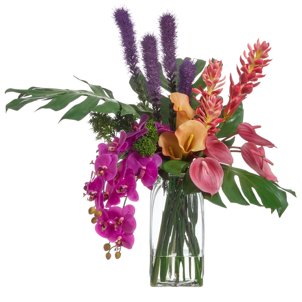 29" Mixed Tropical Silk Flower Arrangement w/Glass Vase -Mixed Colors ...