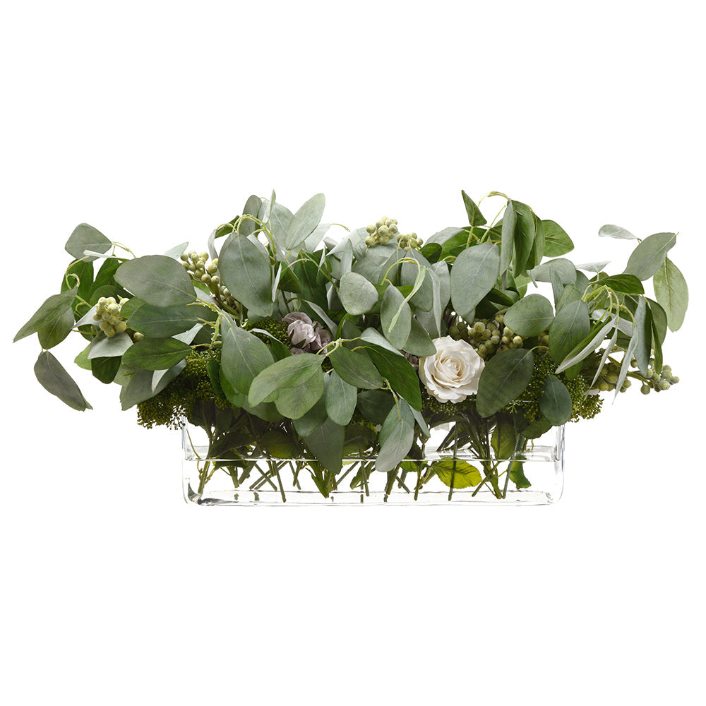 12.5"Hx25.5"W Silk Rose Flower, Eucalyptus, Sedum & Berry Arrangement ...