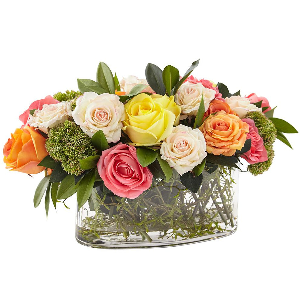 Real Touch Mixed Rose, Skimmia & Shikiba Leaf Silk Flower Arrangement ...