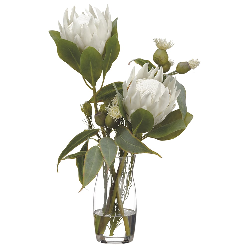 Protea, Eucalyptus & Wolly Silk Flower Arrangement -Cream/Green — Silks ...