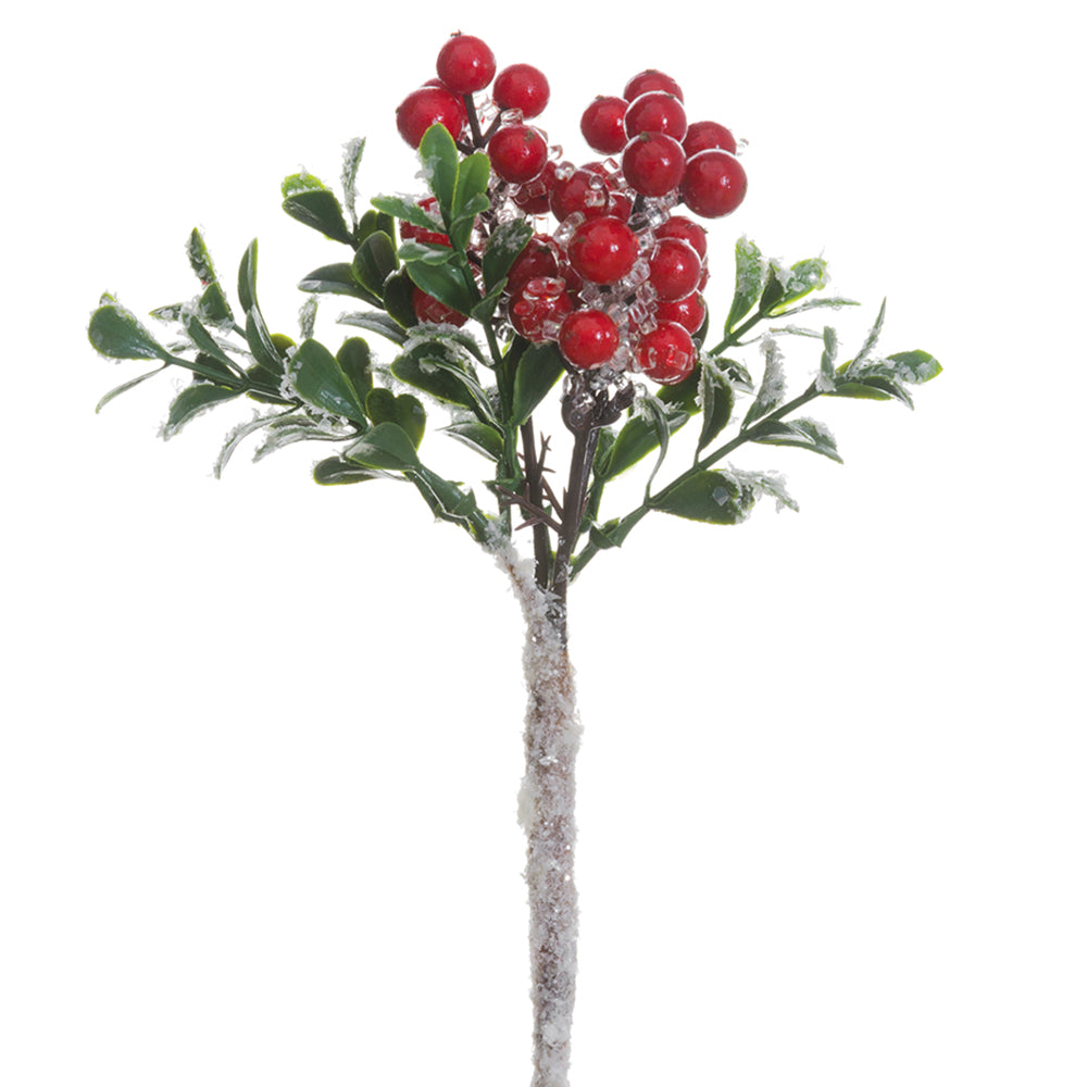 8" Iced Berry & Boxwood Artificial Stem Pick -Red | Christmas Berries ...