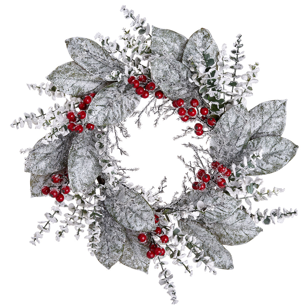 24" Flocked Artificial Magnolia Leaf & Berry Wreath -Green/White ...