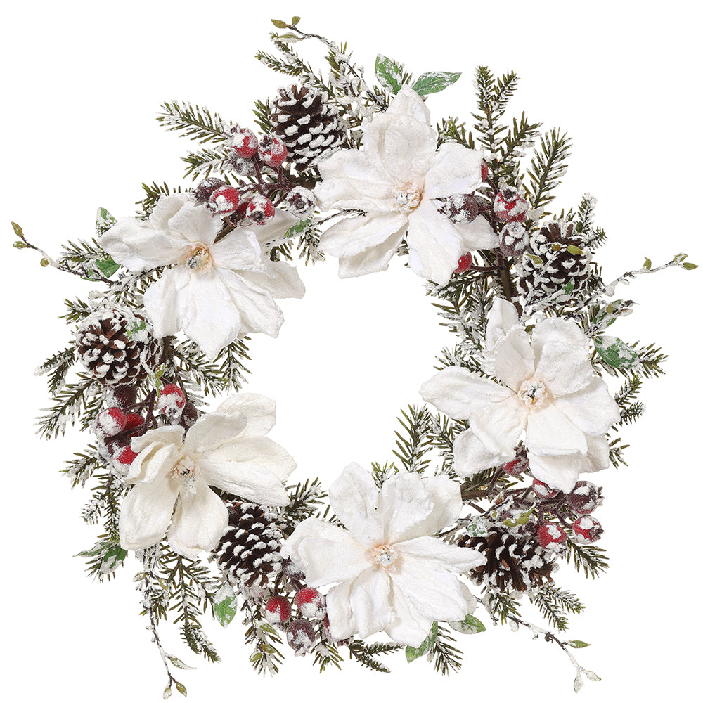 26" Flocked Artificial Magnolia Flower, Pinecone & Pine Wreath -White ...