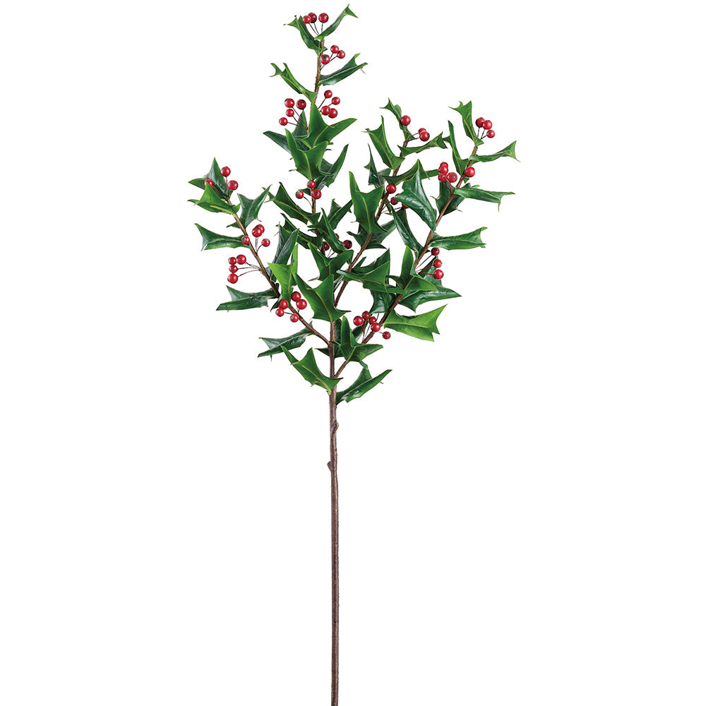 38" Artificial Holly Leaf & Berry Stem -Green/Red — Silks Are Forever