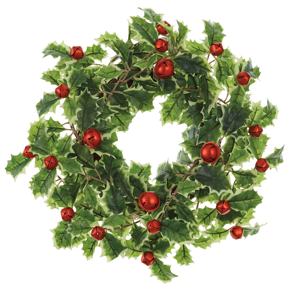 16" Artificial Holly Leaf With Jingle Bells Wreath -Variegated/Red ...