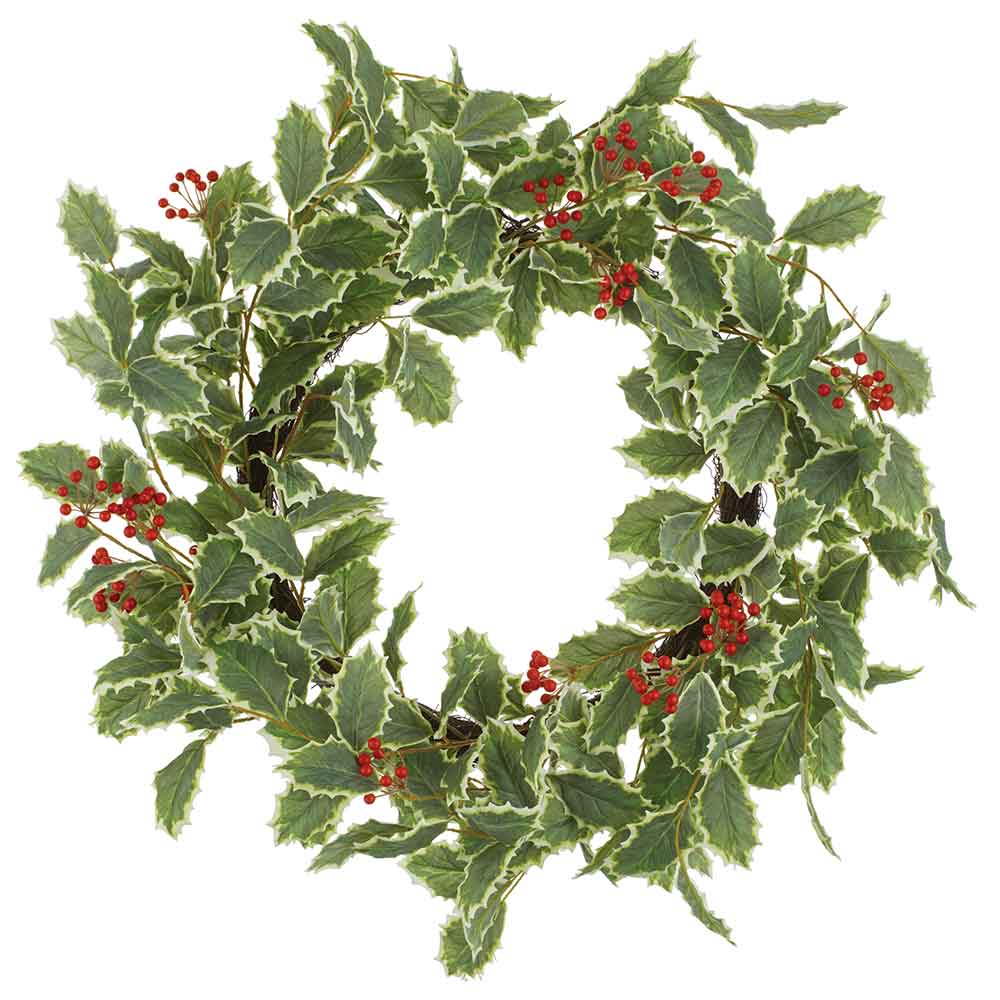 24" Artificial Holly Leaf & Berry Wreath -Variegated/Red — Silks Are ...